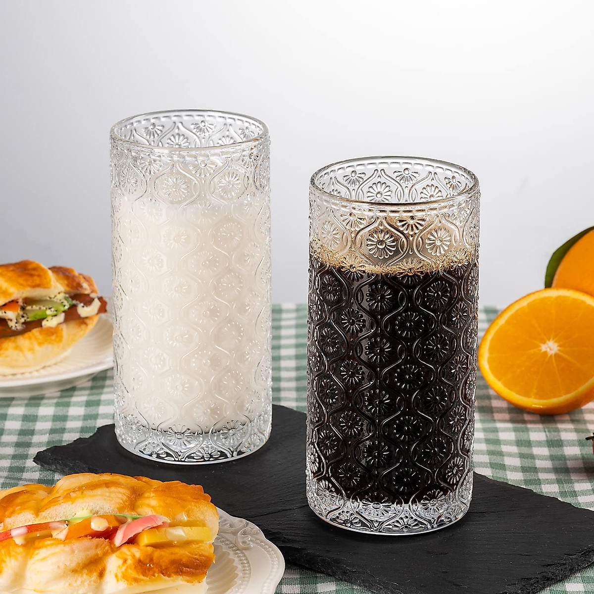 Vintage Glassware Highball Drinking Glasses - 13 Oz Cocktail Glasses Set of 6 Floral Glass Cups Embossed Cocktail Juice Water Coffee Cups - Lead-Free & Dishwasher Safe - Ideal Gifts