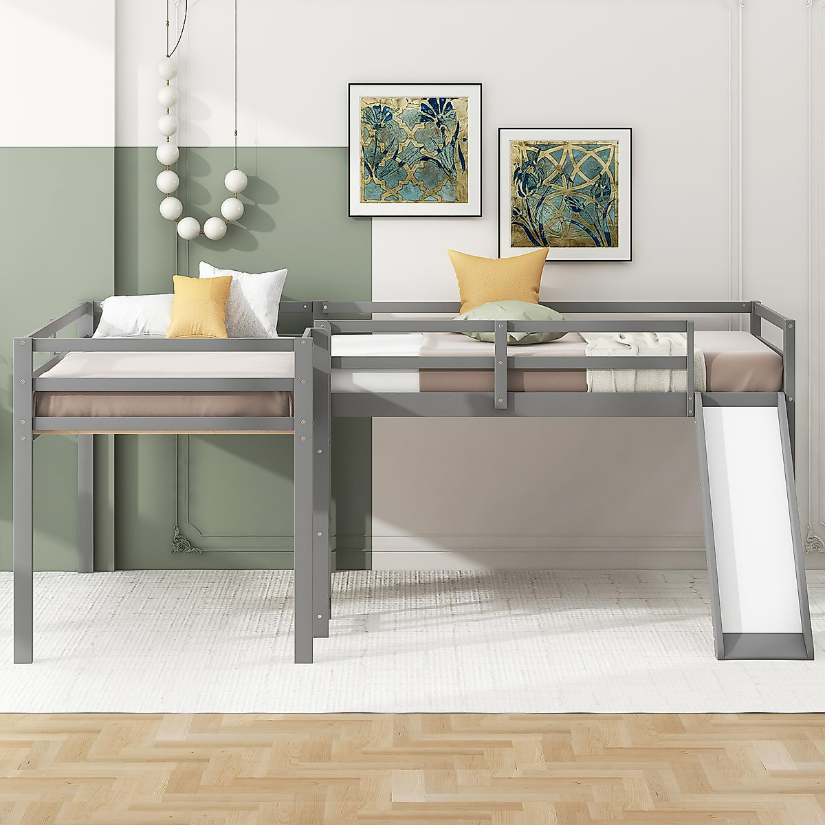 RUNWON Twin Size L-Shaped Loft Bed with Ladder and Slide for 2 Kids Teens