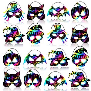 Max Fun 36PCS Halloween Rainbow Scratch Mask, Art Craft Kit for Kids Birthday Cosplay Classroom Decoration, Magic Scratch Paper Halloween Party Favor Supplies Bat Witch Pumpkin Zombie Pirate Skull