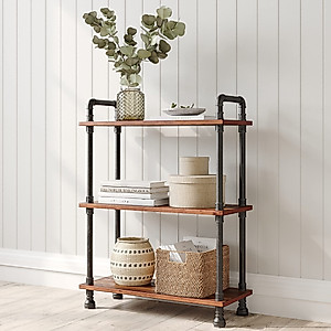 Barnyard Designs Rustic Industrial Bookshelf - Real Pine Wood with Sturdy Metal Frame - Tier Bookcase for Displaying Decor - No Tools Required Assembly (3-Shelf)