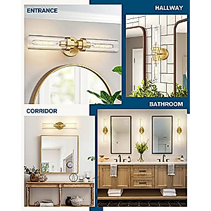 Emak Modern 22 Inch Gold Bathroom Light Fixtures Over Mirror, Cylinder Bathroom Vanity Lights for Mirror, 2-Light Wall Sconces with Clear Glass for Bathroom, Bedroom, Hallway, VL085-GD-2