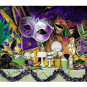 Purple Green Gold Beads Masquerade Party Photography Backdrop Vinyl 7x5ft for Carnival Fiesta Mardi Gras Dance Photo Background Supplies Children Birthday Photo Booths Props Decorations
