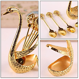 Coffee Dessert Spoon Set, Metal Swan Base Holder Spoon Organizer with 6 Spoons, Creative Dinnerware Set Decorative Swan Shaped Style Holder (Gold (A))