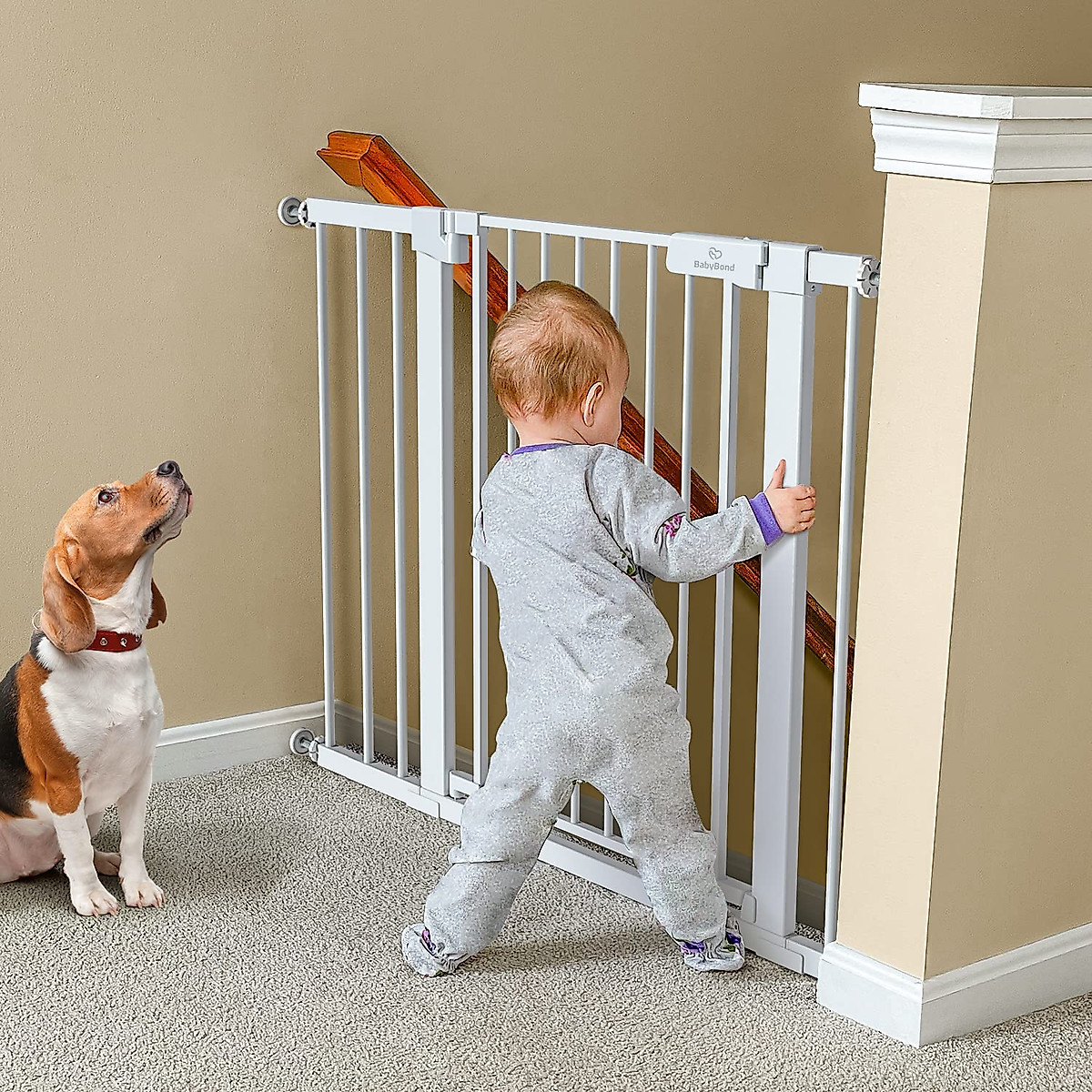BabyBond 27-43" Easy Install Baby Gate for Stairs, Extra Wide Baby Gates for Doorway, Auto Close Safety Dog Gate, with Extenders and Pressure/Hardware Mounting Kit, White