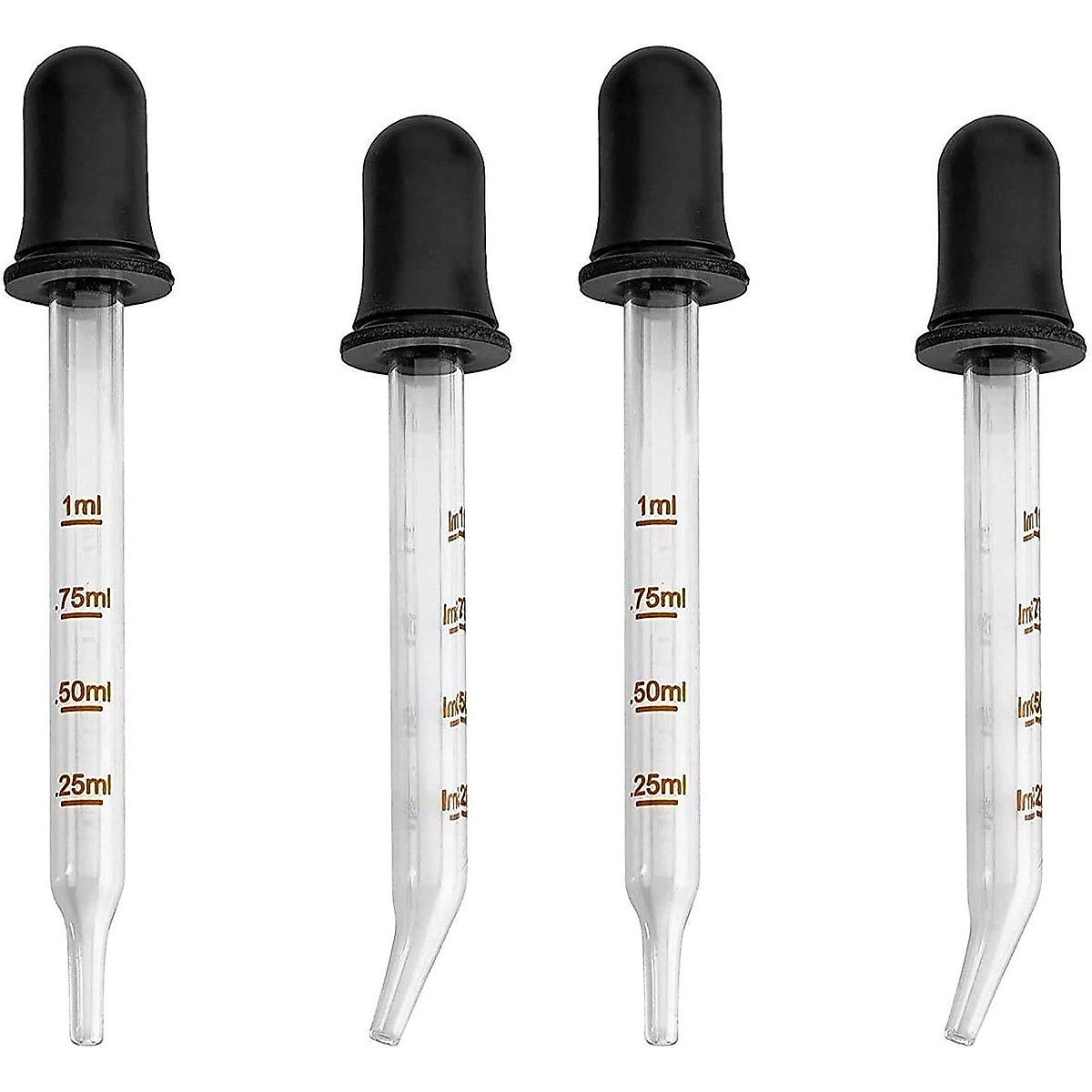 Eye Dropper - (Pack of 4) Bent & Straight Tip Calibrated Glass Medicine Droppers for Medications or Essential Oils Pipette Dropper for Accurate Easy Dose & Measurement (1 mL Capacity)