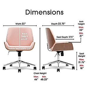 Elle Decor Ophelia Low-Back Task Modern Bentwood Home Office Armless Desk Chairs in Chrome Finish, French Pink 22.75D x 22W x 44H in