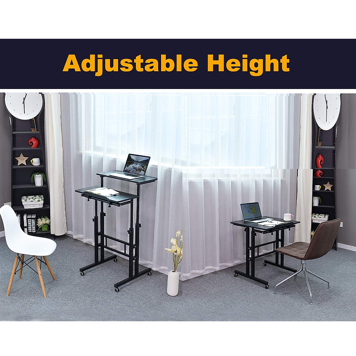 AIZ Mobile Standing Desk, Adjustable Computer Desk Rolling Laptop Cart on Wheels Home Office Computer Workstation, Portable Laptop Stand for Small Spaces Tall Table for Standing or Sitting, Black