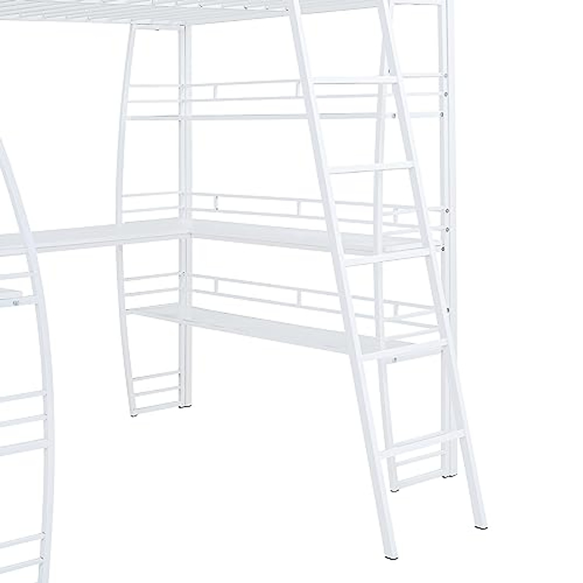 Lifeand Full Size Loft Bed with 4 Layers of Shelves and L-shaped Desk, Stylish Metal Frame Bed with a set of Sockets, USB Ports and and Wireless Charging, White