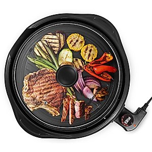 Elite Gourmet EMG1100 Electric Indoor Nonstick Grill, Dishwasher Safe, Cool Touch, Fast Heat Up Ideal Low-Fat Meals, Includes Tempered Glass Lid, 11", Black