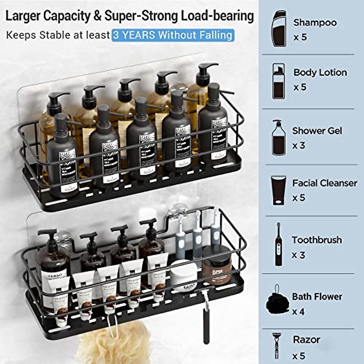 2 Packs Adhesive Shower Caddy with Hooks - No Drilling Rustproof Traceless Stainless Steel Wall Mounted Shower Storage Organizer Shelf Rack Holder for Bathroom Toilet Restroom Kitchen - Matte Black