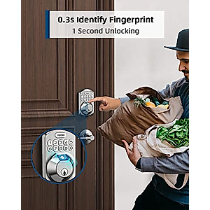 TEEHO Fingerprint Door Lock with 2 Lever Handles, Keyless Entry Door Lock with Handle, Electronic Keypad Deadbolt Front Door Lock Set with Auto Lock and 1 Touch Locking, Satin Nickel