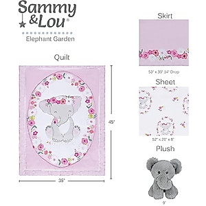 Sammy & Lou Elephant Garden 4-Piece Baby Nursery Crib Bedding Set for Girls, Includes Quilt, Fitted Crib Sheet, Crib Skirt, and Plush Toy