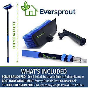 EVERSPROUT 5-to-12 Foot Boat Hook & Scrub Brush Kit (15-20 Foot Reach) | Soft-Bristle Deck Brush with Built-In Bumper Prevents Scratching | Durable Lightweight 3-Stage Extension Pole | Floating Design