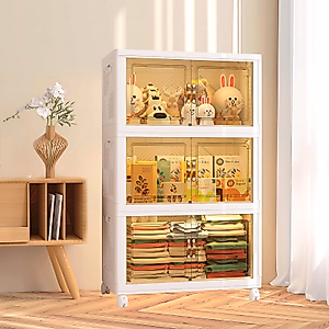 Jacriah Plastic Drawer Storage Bins with Lid, Stackable Storage Bins Open Front, Closet Organizers and Storage Cabinet with Doors and Shelves, Collapsible Storage Bins with Wheels (3 Layer-14 Gallon)