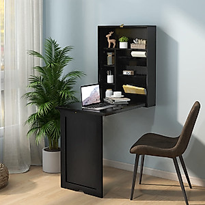 GOFLAME Wall Mounted Desk, Folding Floating Desk with 3-Tier Tilt Storage Partition and Adjustable Shelves, Space-Saving Fold up Desk Laptop Desk, Convertible Writing Desk for Home Office, Black