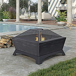 Fire Pit with Log Poker,Backyard Patio Garden Stove,Outdoor Fire Pit Table,Fire Pit Set,Wood Burning Pit,Mesh Screen for Outdoor Living, Family Use, Quality Steel,Dark Gray 25.9''x25.9''x17.1''