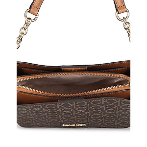 Calvin Klein Hailey Signature Triple Compartment Chain Crossbody, Brown/Khaki/Caramel Linear