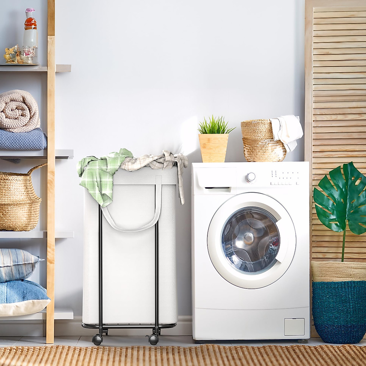 Wheels Laundry Hamper, Laundry Basket Organizer, 90 Litre Small Dirty Clothes Basket with Removable Lined Bag for Bathroom and Bedroom Storage (White)