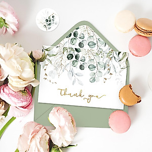 Whaline 24 Pack Greenery Thank You Cards Gold Foil Eucalyptus Leaves Thank You Note Cards with Envelopes Stickers for Spring Wedding Baby Shower