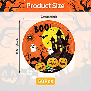 Jremreo 50 Pcs 9-Inch Halloween Paper Plates - Spooky Haunted House Party Supplies Set, Disposable Tableware with Ghost, Pumpkin, and Bat Designs for Candy, Snack, Dessert, Trick or Treat Decorations