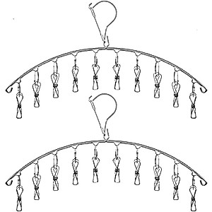 WudTus Clothes Hanger with 10 Clips, Stainless Steel, Windproof, for Drying Socks, Bras, Underwears, Baby Clothes, Hats, Scarfs, Towels, Pants and Gloves (2 Pack)