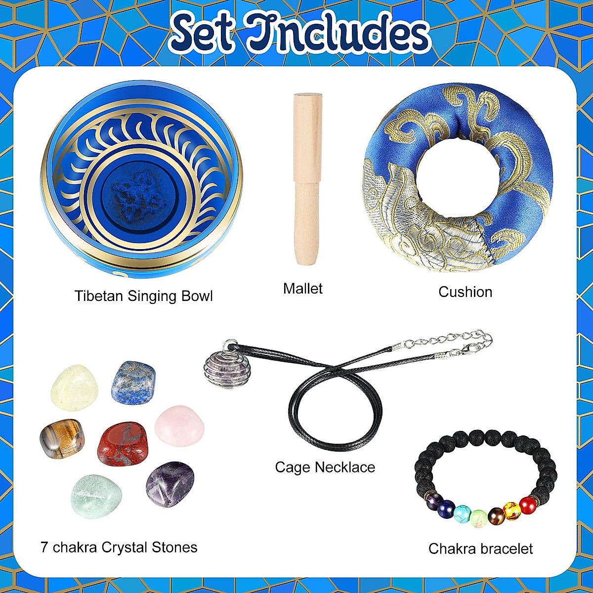 BBTO Tibetan Singing Bowls Set for Healing 3.4 Inch Meditation Sound Bowl with 7 Pcs Chakra Crystal Stones Mallet Cushion Chakra Bracelet Pendant for Yoga Mindfulness Spiritual Healing