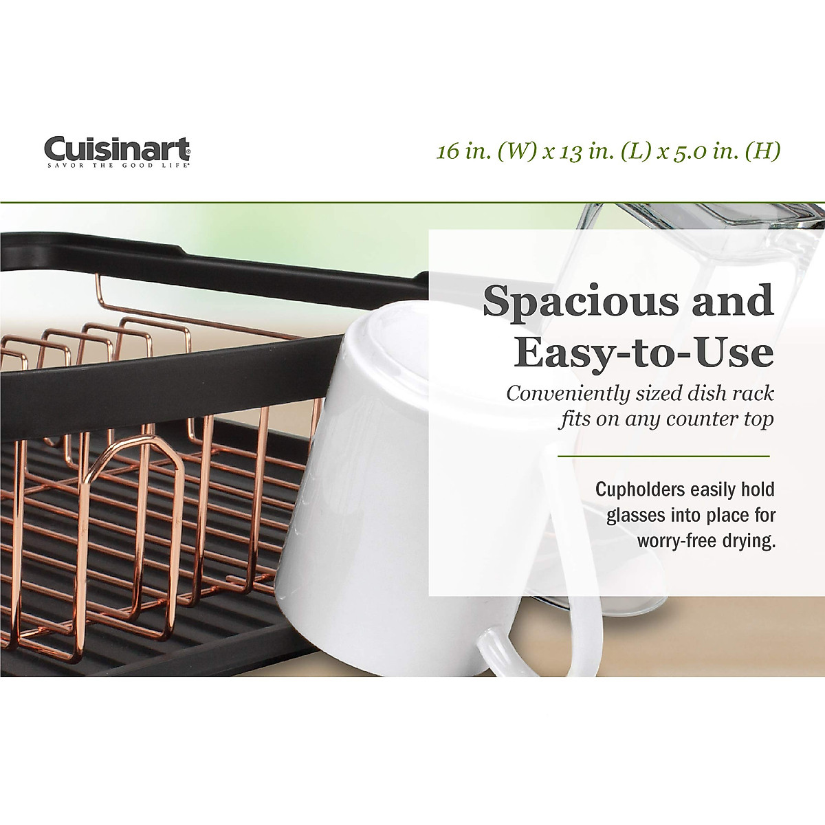 Cuisinart Wire Dish Drying Rack and Tray Set – 3 Piece Set Includes Wire Dish Drying Rack, Utensil Caddy, and Draining Board – Measures 19 x 12.75 x 4.25 Inches – Matte Black/Copper Wire