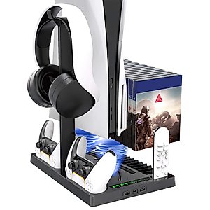 Vertical Stand with Headset Holder and Cooling Fan Base for PS5 Slim Console & Playstation 5 Accessories, Controller Charging Station Charger Dock for Disc Digital Edition, Game Slot Remote Organizer