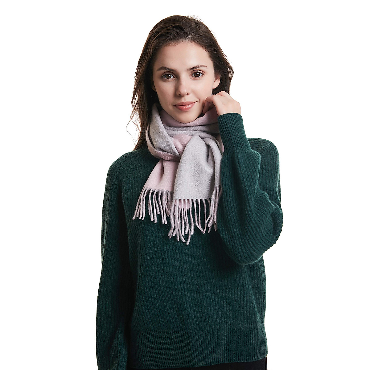 EURKEA 100% Cashmere 2023 Winter Collection, Women Fringed Edges Scarf, Gift Ready, Colors Available in Solid/Plaid/2-Tone, Pink and Light Grey, Free Size