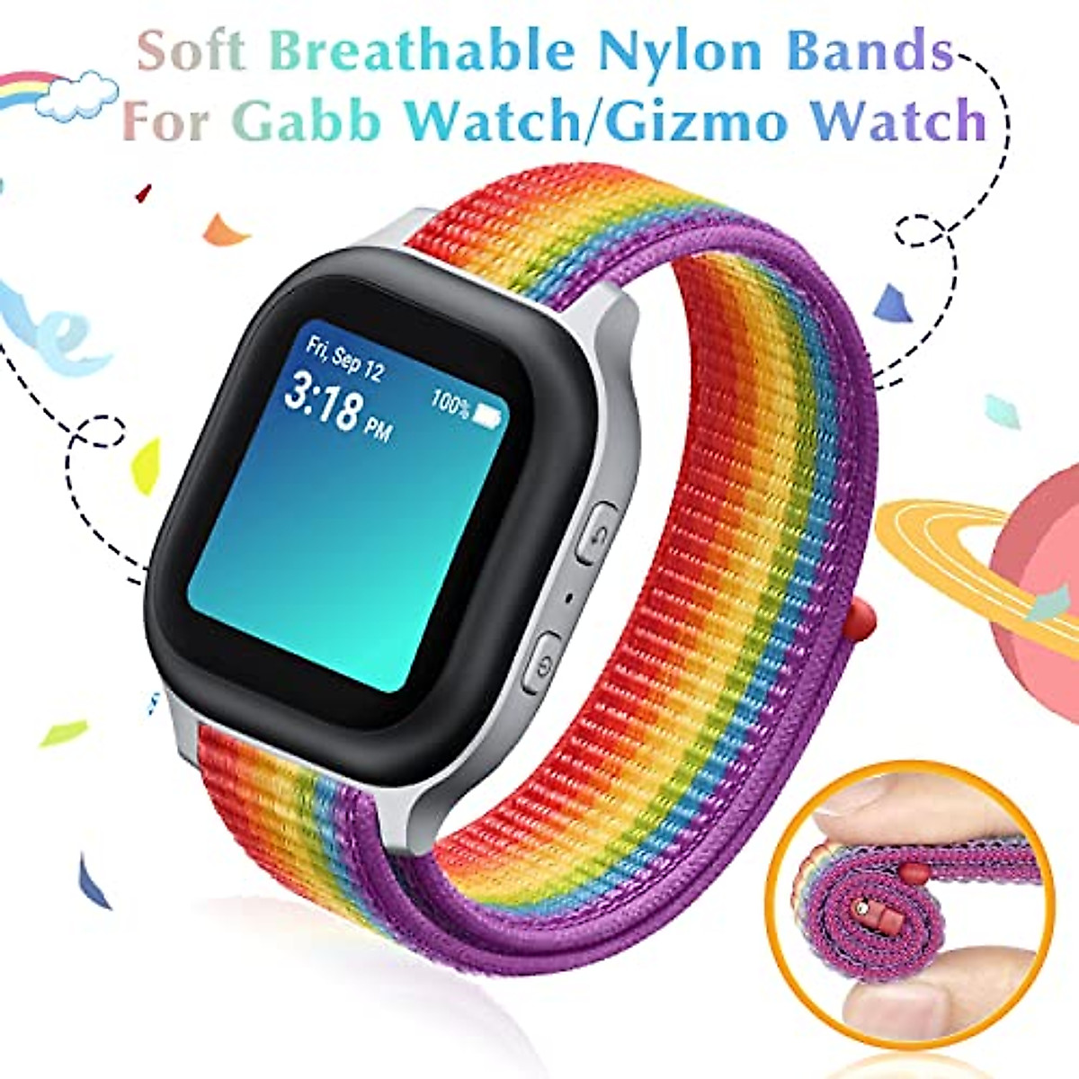 3 Pack Replacement Nylon Bands Compatible with Gabb Watch/Gizmo Watch 3 & 2 & 1, Hook & Loop Design Easy for Kids to Put On & Off, Breathable & Washable, Rainbow+PomeRed+Neon