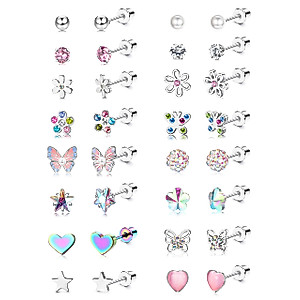 LOYALLOOK 16Pairs Screwback Earrings for Women Pearl CZ Ball Heart Tiny Small Studs Earring Cute Butterfly Flower Stainless Steel Multicolor Screw Back Stud Earrings