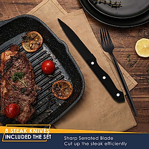 Stapava 48-Piece Matte Black Silverware Set with Steak Knives, Stainless Steel Flatware Set for 8, Satin Finish Tableware Cutlery, Utensil Sets for Home Restaurant Hotel, Dishwasher Safe