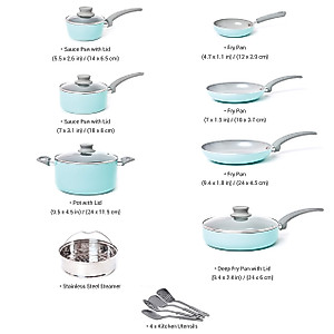 Mueller 16-Piece Non-Stick Stone Cookware Set with Steamer and Glass Lids, Turquoise