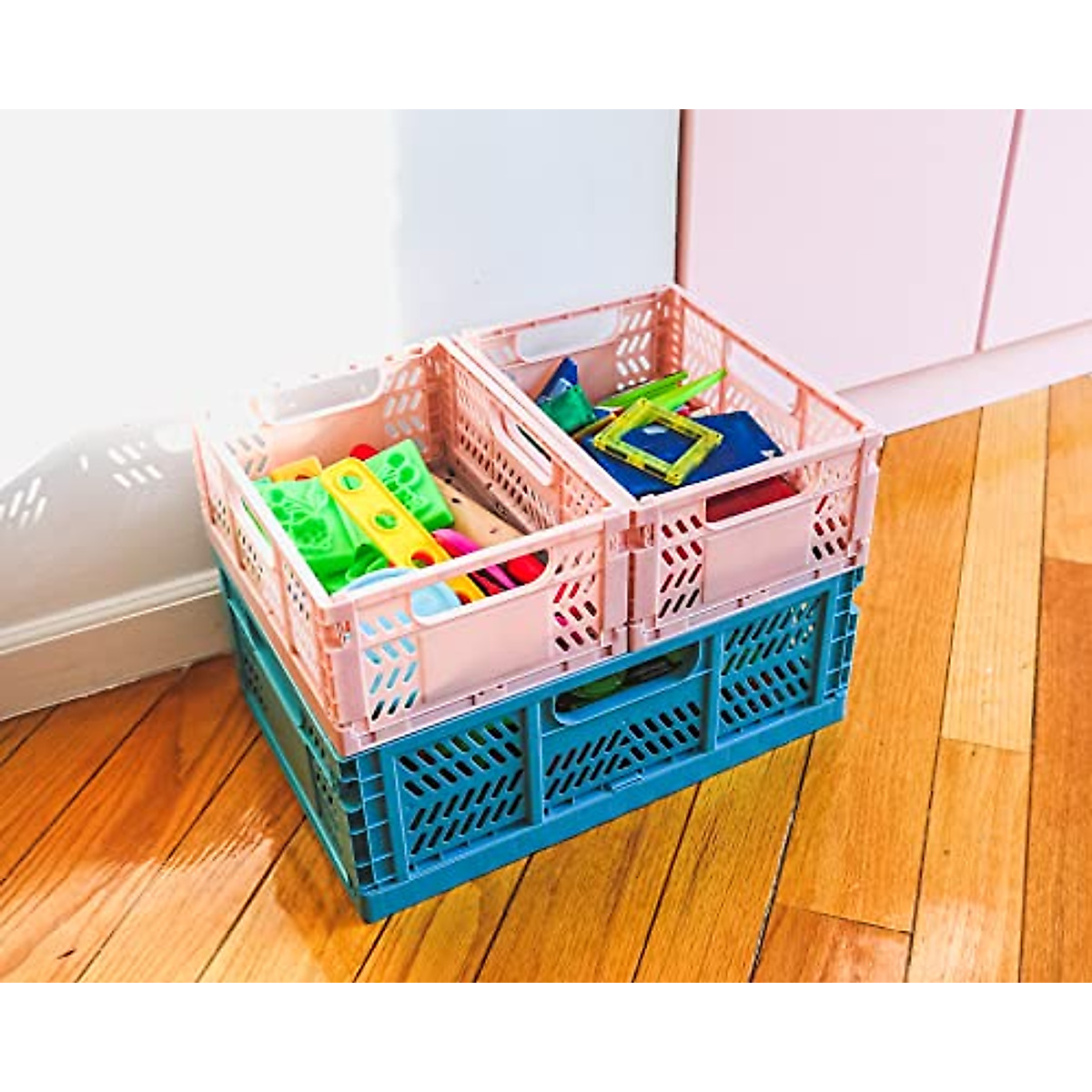 Chloe Emily & Co Stylish Stackable Storage Bins | Sets Plastic Sturdy Foldable Storage Crates for Office, Pantry, Bathroom & Kitchen Organization | Set of 2 (Large, Pink)