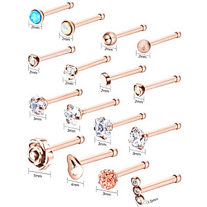JOVITEC 16 Pieces Nose Stud for Women 20 g Nose Ring Set Bone Nose Studs l Shaped Surgical Stainless Steel Cartilage Tragus Piercing Rose Gold Ball Sapphire Labret Jewelry