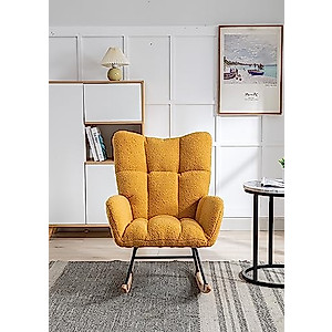 Tiophome Rocking Nursery, Upholstered Glider Rocker Accent Chairs Padded Seat with High Backrest, Comfy Side Armchair for Nursing, Living Room, Bedroom, Office,Teddy Velvet, Turmeric, Extra Large