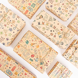 Larcenciel Birthday Wrapping Paper, 6 Sheets Kraft Gift Wrapping Paper, Balloons Cake Happy Birthday Wrapping Paper for Boys, Brown Gift Wraps for All Birthday, Holiday Party-Folded Flat-27.5x19.6inch