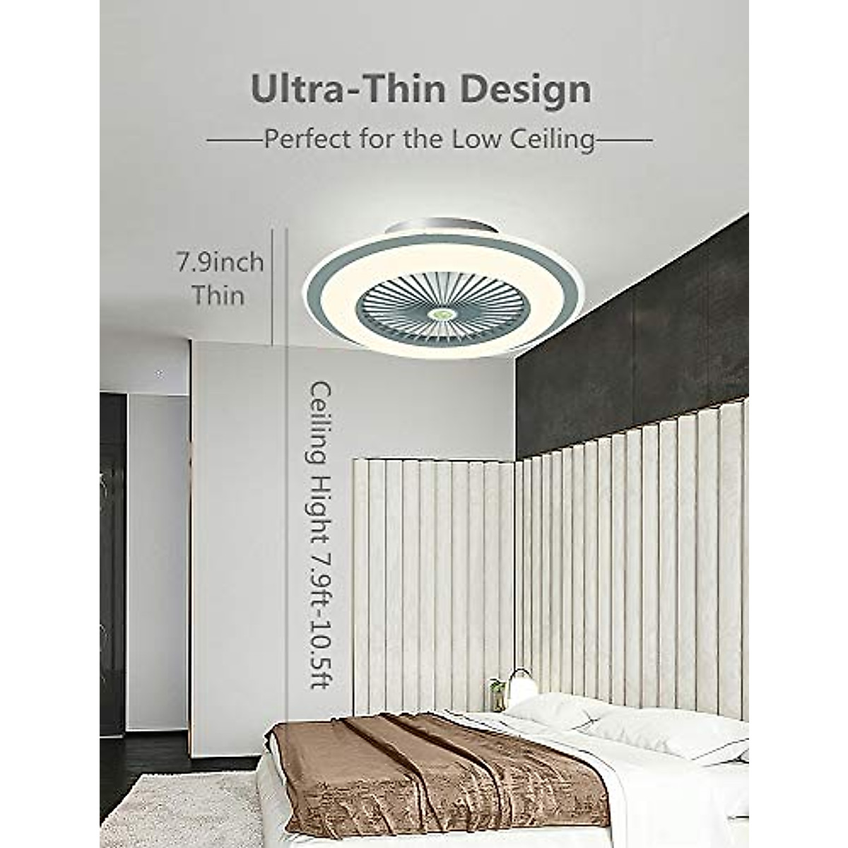 IYUNXI Ceiling Fan with Lights Oversize 24'' Remote Control 40W Ultra-Thin Design Enclosed Round LED 3-Color Dimmable Fan Light with 5 Invisible Blades Low Profile Flush Mount 3-Gear Wind Smart Timing