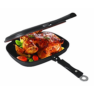 Uniware® Super Quality Non-Stick Coating Double Grill Pan, Rectangular, Magnetic Bakelite Handle, 12.6 x 9.6 x 2.6 Inch