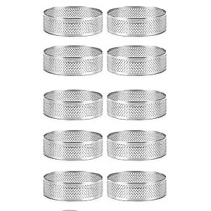 Exogio 10Pcs Circular Tart Ring 8 cm, Stainless Steel Porous Tart Bottom Ring, Heat-Resistant Perforated Pie Cake Mousse Mould Baking for Kitchen, Dessert Making