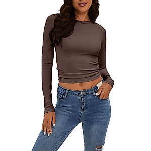 KAMISSY Women’s Workout Long Sleeve Yoga Basic Tee Shirt Casual Round Neck Slim Athletic Running Solid T-Shirt Top Coffee