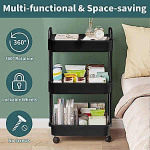 EZ Cozy 3 Tier Rolling Cart, Plastic Rolling Utility Cart with Wheels, Laundry Room Organization, Rolling Storage Cart Organizer, Easy Assemble Bathroom Organizer for Kitchen, Room, Office (Black)