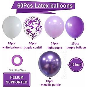 DUILE 60Pcs Metallic Purple and White Latex Lavender Lilac Balloons 12inch Purple Confetti Balloons for Birthday Bridal Shower Wedding Party Decorations