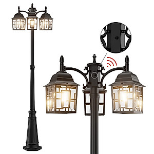 Ralbay Dusk to Dawn Sensor Outdoor Post Light, 3 Light lamp Post Street Light, Matte Black Outdoor Post Lighting Waterproof Pole Lights, 76.77" Outside Lamp Post Light for Backyard Garden