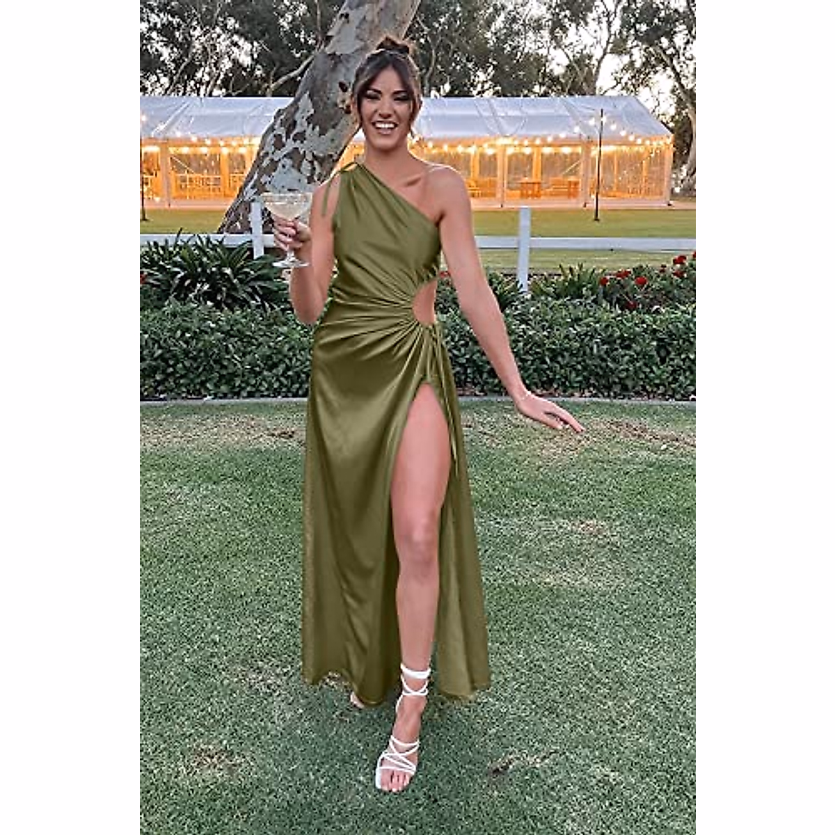 PRETTYGARDEN Women's 2023 Summer One Shoulder Satin Dress Cutout High Split Cocktail Wedding Guest Maxi Dresses (Dark Army Green,Medium)