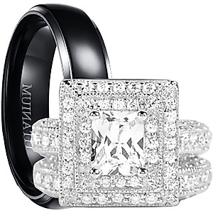 His and Hers Wedding Rings Set Sterling Silver Titanium Matching Bands for Him and Her 6/9