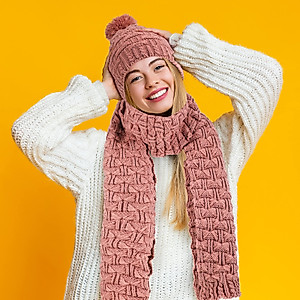 JenPen Winter Hats Scarf Gloves Set for Women Including Ear Covers Cold Weather Glove Scarves Hats Knit Beanie Scarf Glove (Pink)
