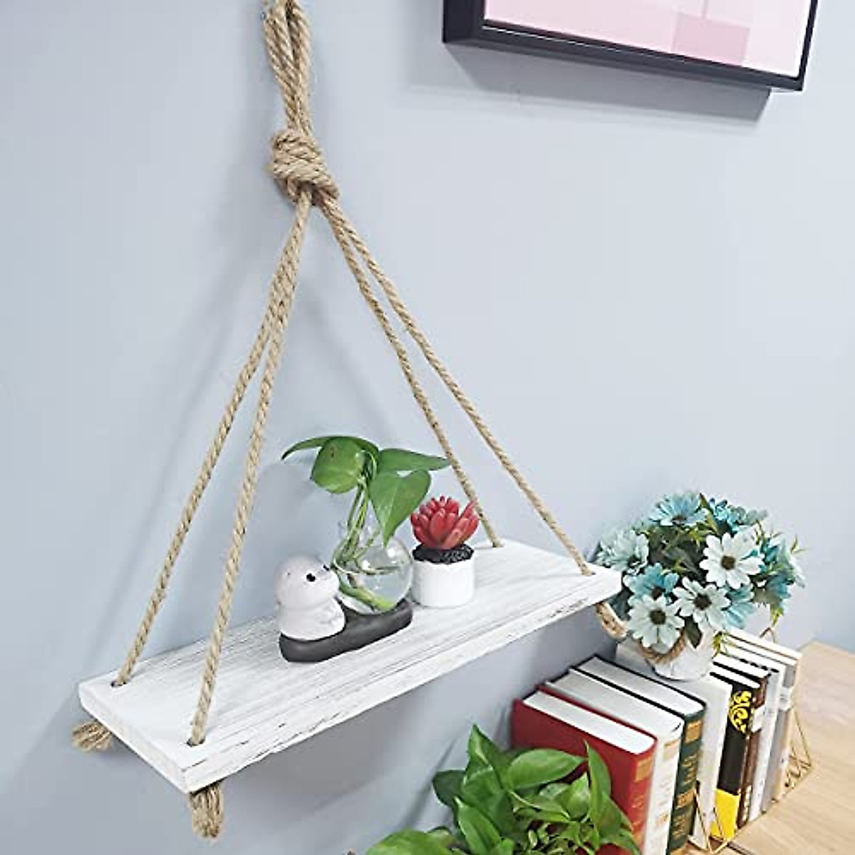 HoreZer Wood-Rope Hanging Floating Shelves Wall Decor Set of 2, Rustic White Wall Shelf with 4 Hooks and 4 Ropes,Wall Hanging Rope Shelves for Garden Kitchen Bathroom Living Room