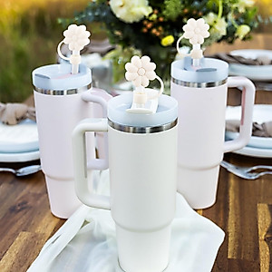 Obxquisite Straw Cover Cap for Stanley Cup, 3Pcs Flower Silicone Straw Toppers Accessories Compatible with Stanley Cup 30&40 Oz Tumbler, Straw Tips Lids for Home and Party Decor (Beige)