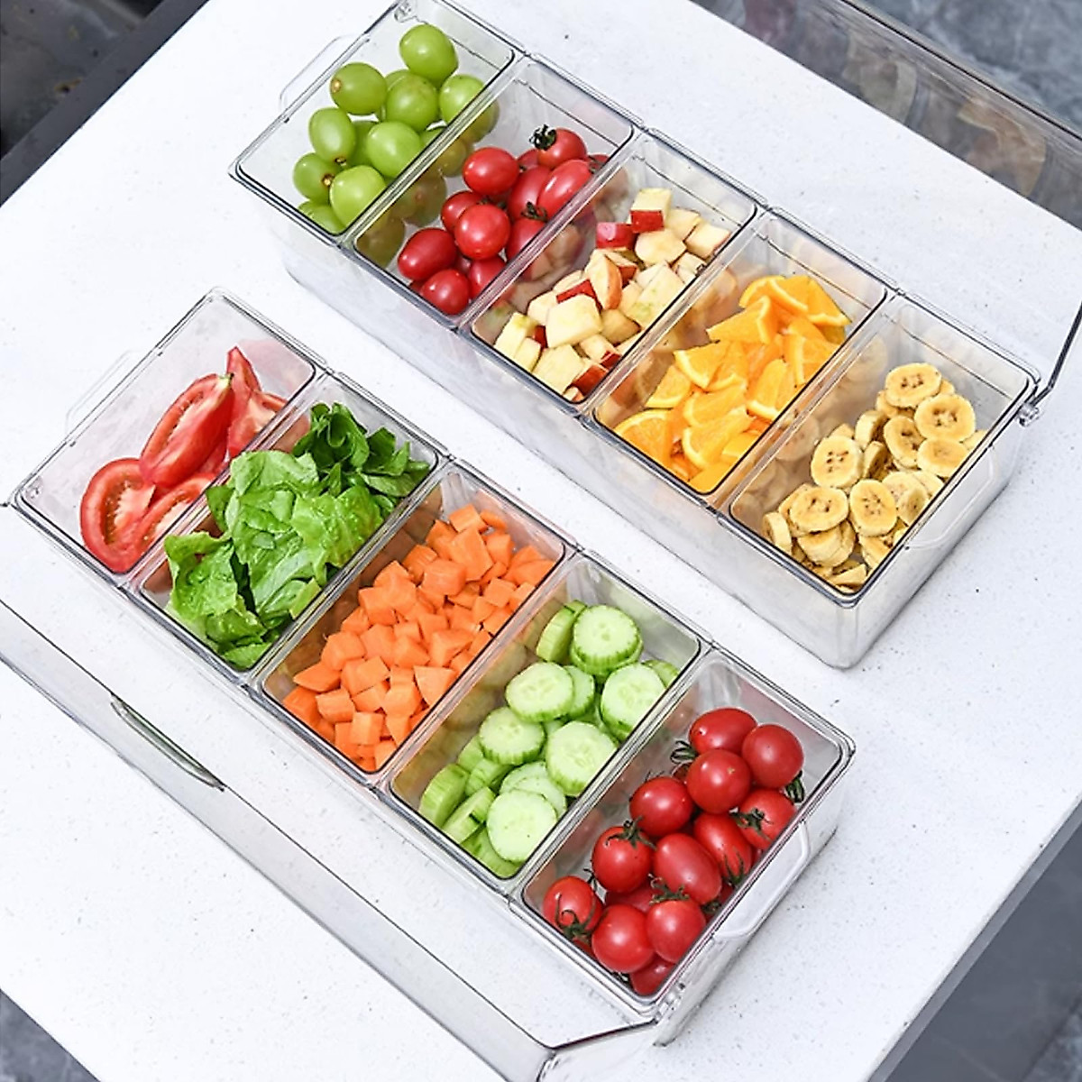 TRBIDRBO Ice Chilled Caddy with 5 Containers and Lid - Chilled Condiment Server for Fruit, Snack, Sauce Garnish Tray - 2.4cup Each Dishes